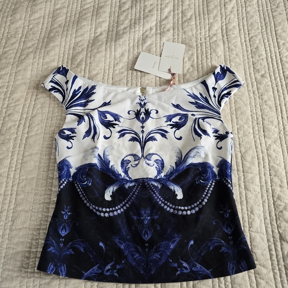 Ted Baker Elegant Blue and White Off-Shoulder Top NWT - Gem
